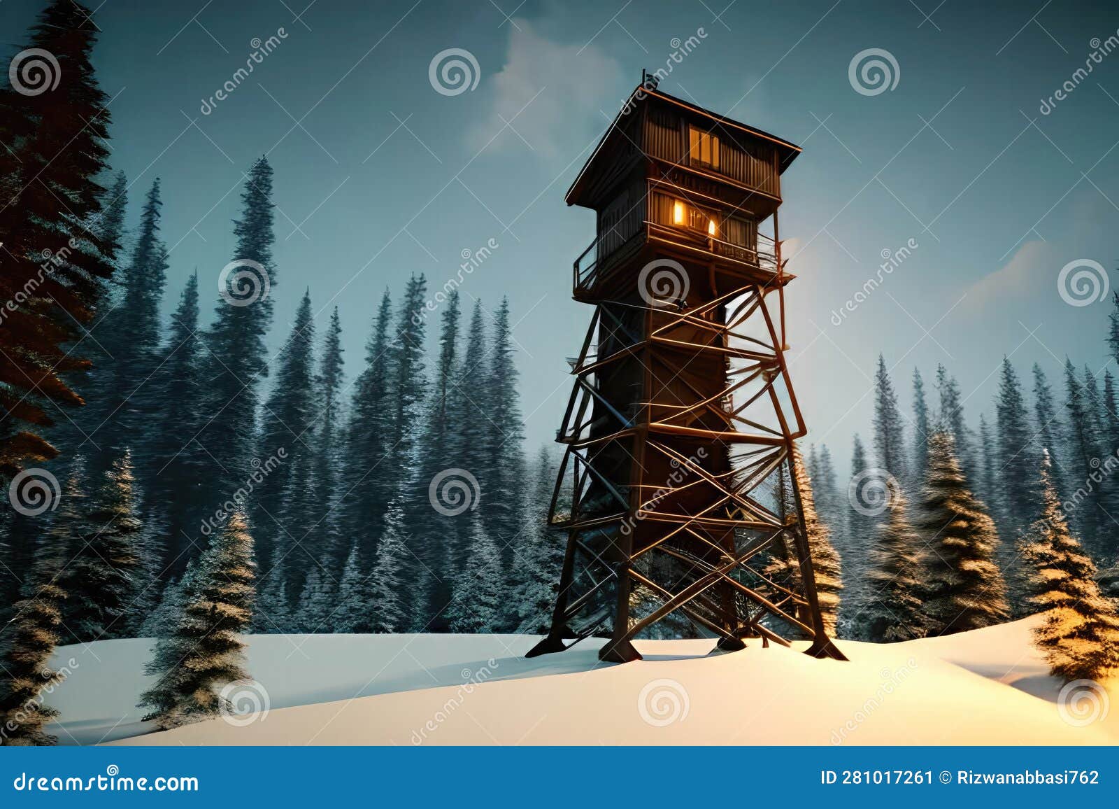 A Fire Watch Tower in the Middle of the Forest with Snow Stock ...