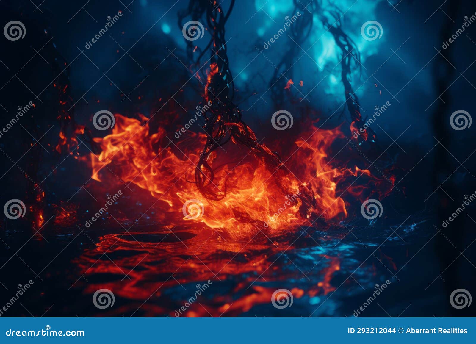 Fire and Water in the Dark with Blue and Red Lights Stock Photo - Image ...