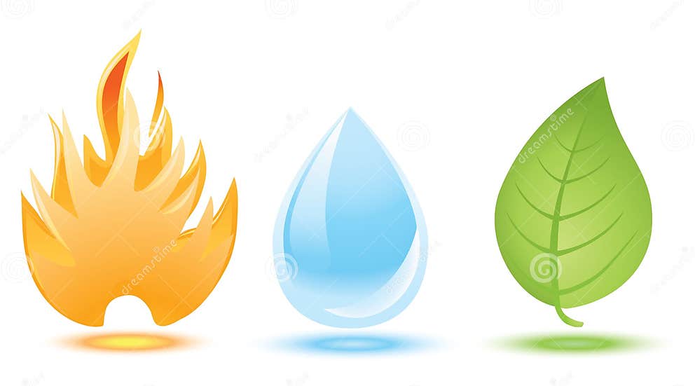 Fire, Water Drop and Green Leaf Stock Vector - Illustration of element ...