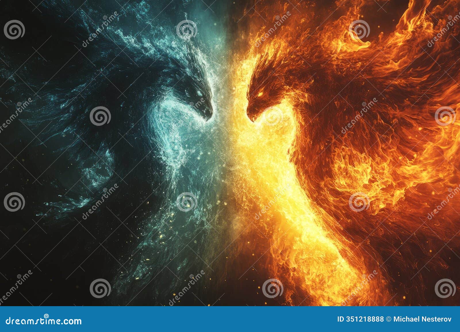 Fire and Water Phoenixes Facing Each Other in a Fantasy Battle between ...