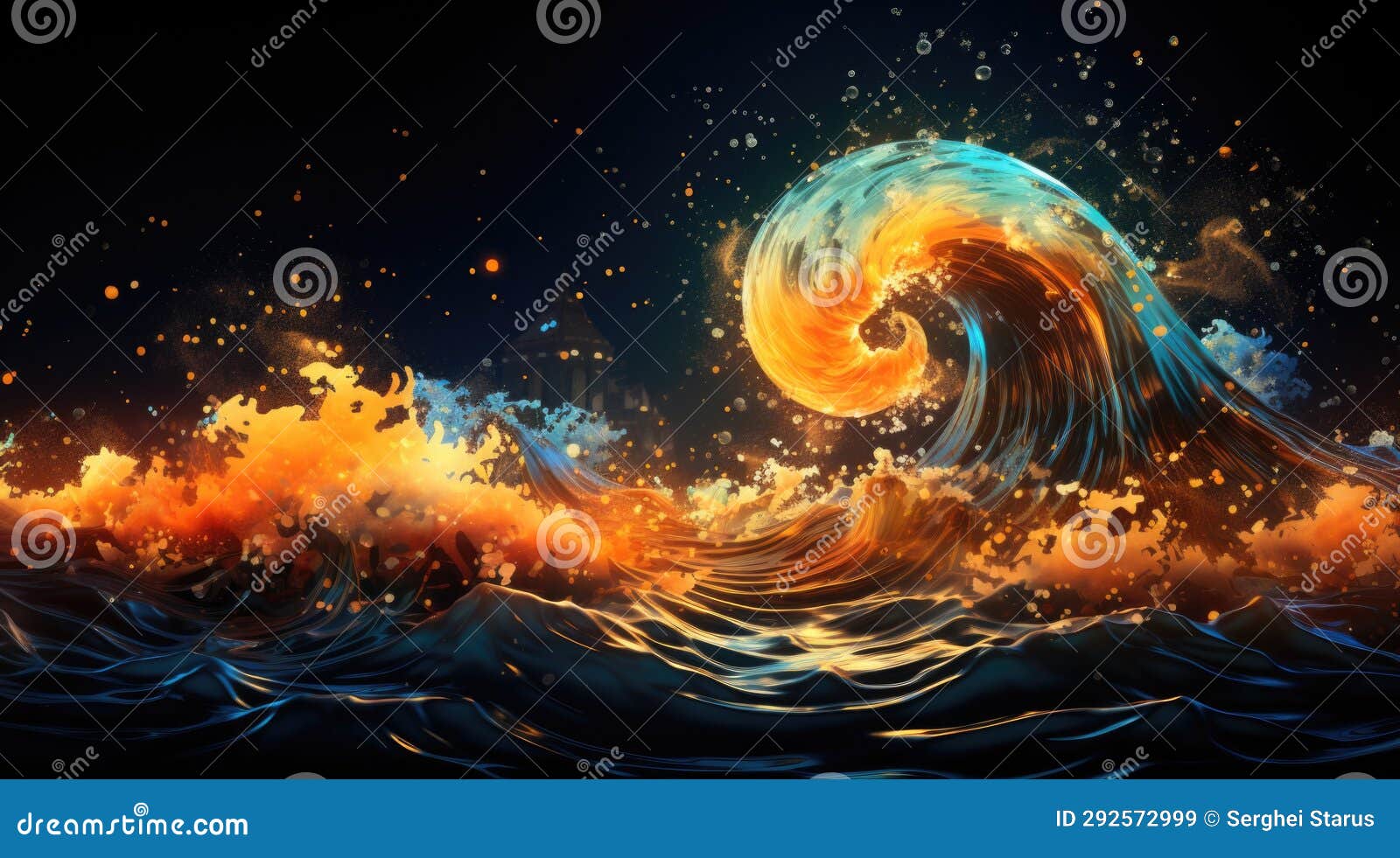 Fire and Water Waves on Black Background, AI Stock Image - Image of ...