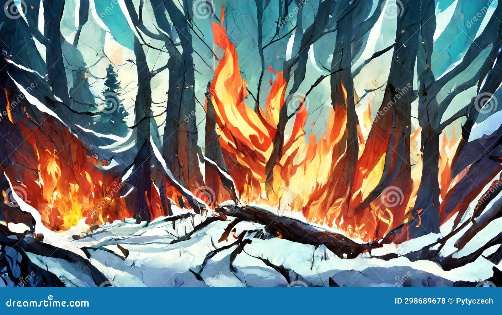 Fire in winter forest stock photo. Image of snow, burn - 298689678