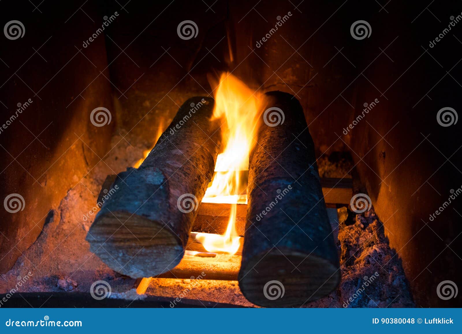 Fire and Wood Burning in a Fireplace. Close-up Image Stock Photo ...