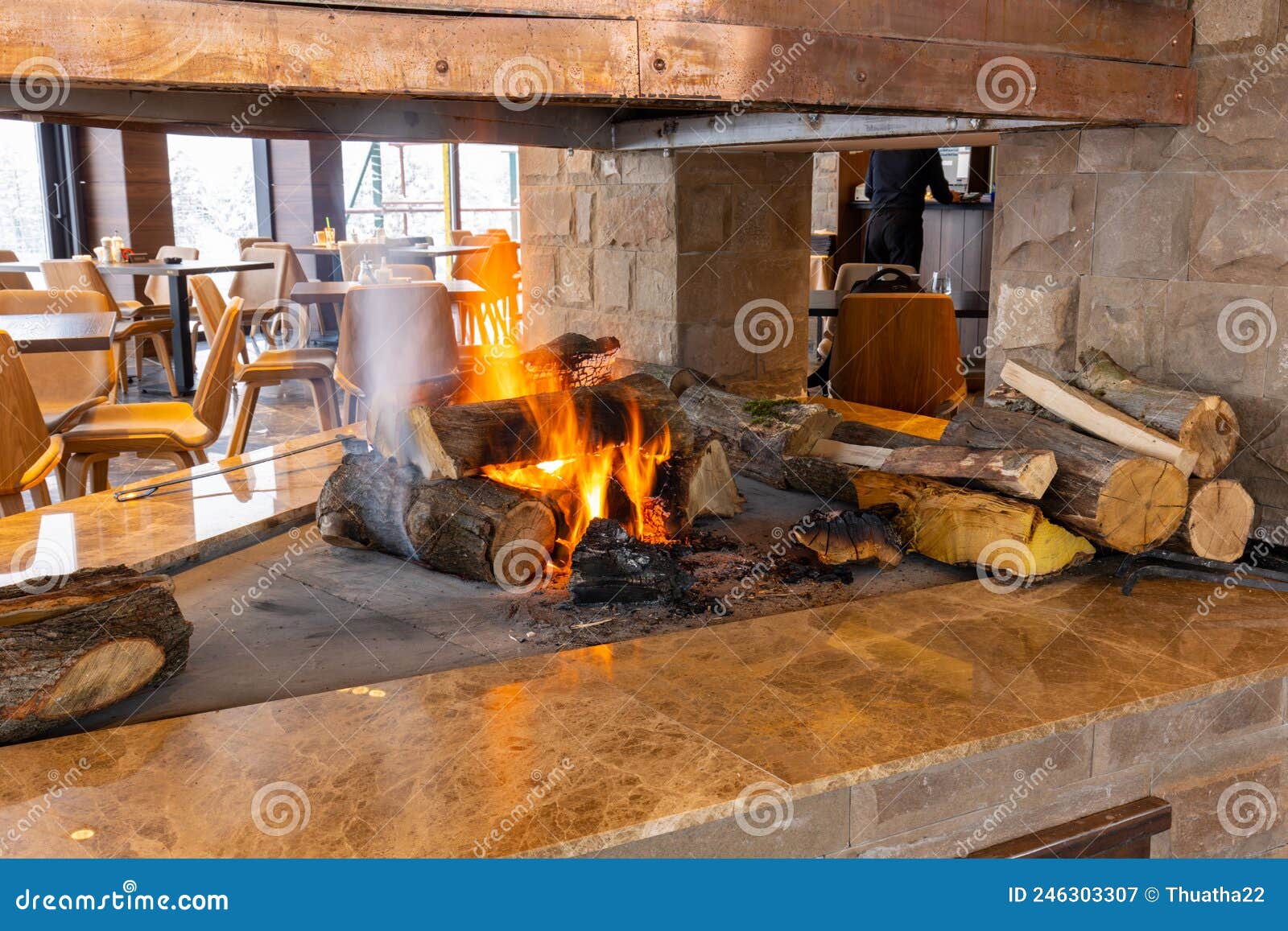 Fire, Wood Logs, Burning in the Fireplace in Mountain Restaurant Stock ...