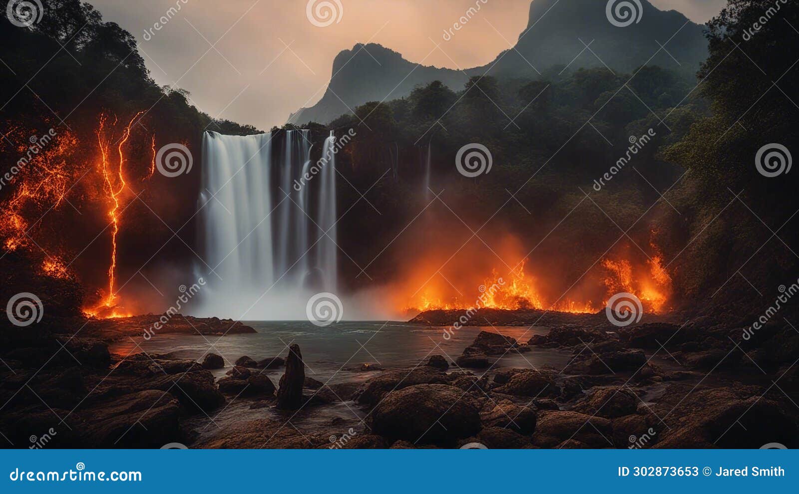 Fire In The Woods Horror Waterfall With Fire, With A Landscape Of ...