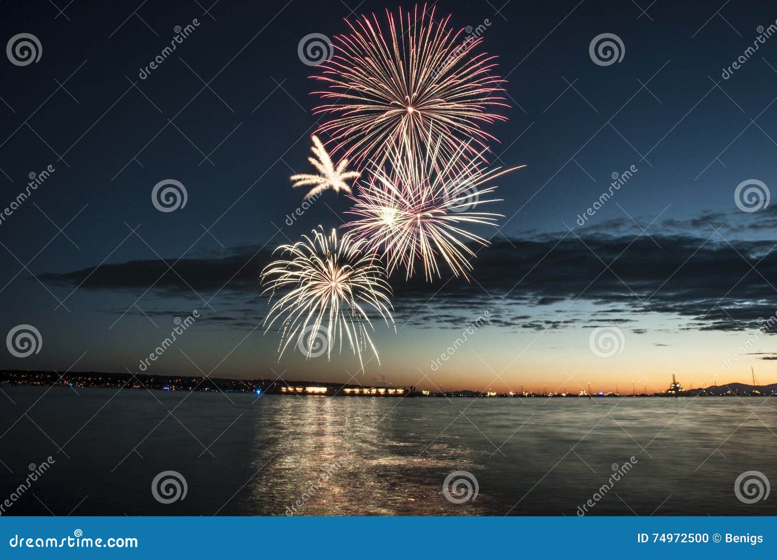 Fire works and water stock photo. Image of water, beach - 74972500