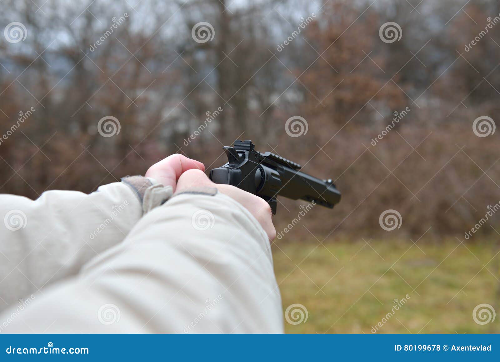 Firearms and Security Topic: Hands Man with a Gun Ready To Shoot Stock ...