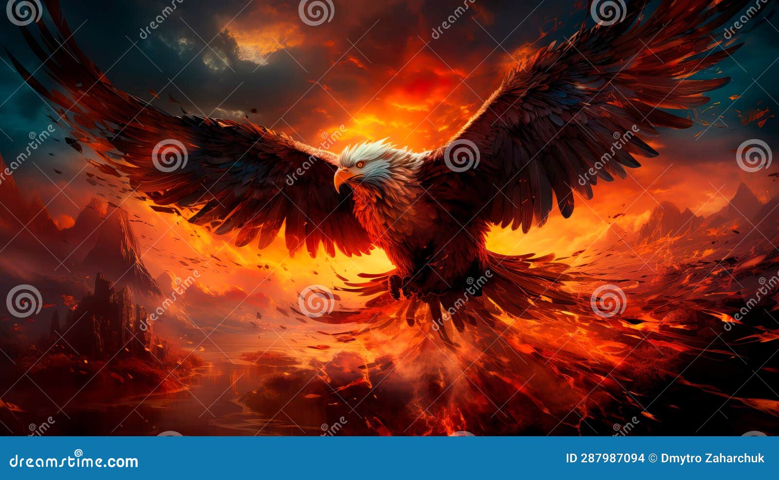 Firebird Flying Against the Background of the Fire of the Sunset ...