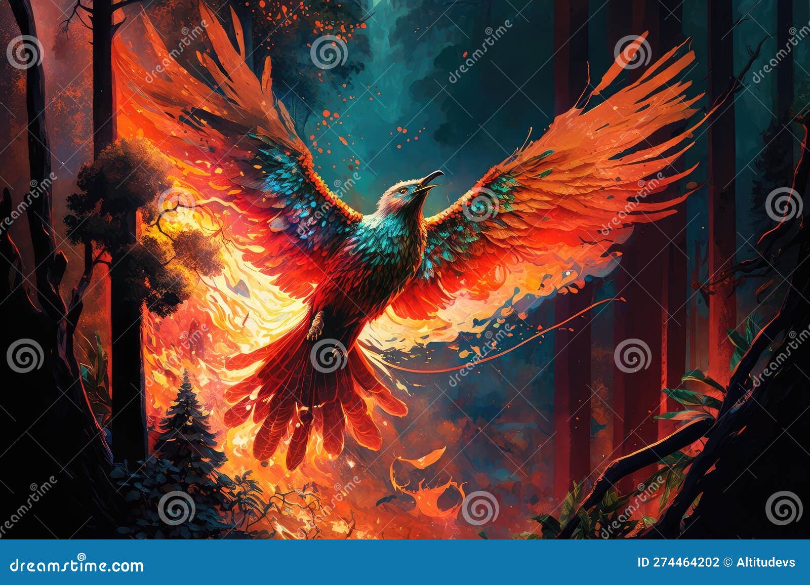 Firebird Flying Over Lush Forest, Setting Trees on Fire with Its Fiery ...