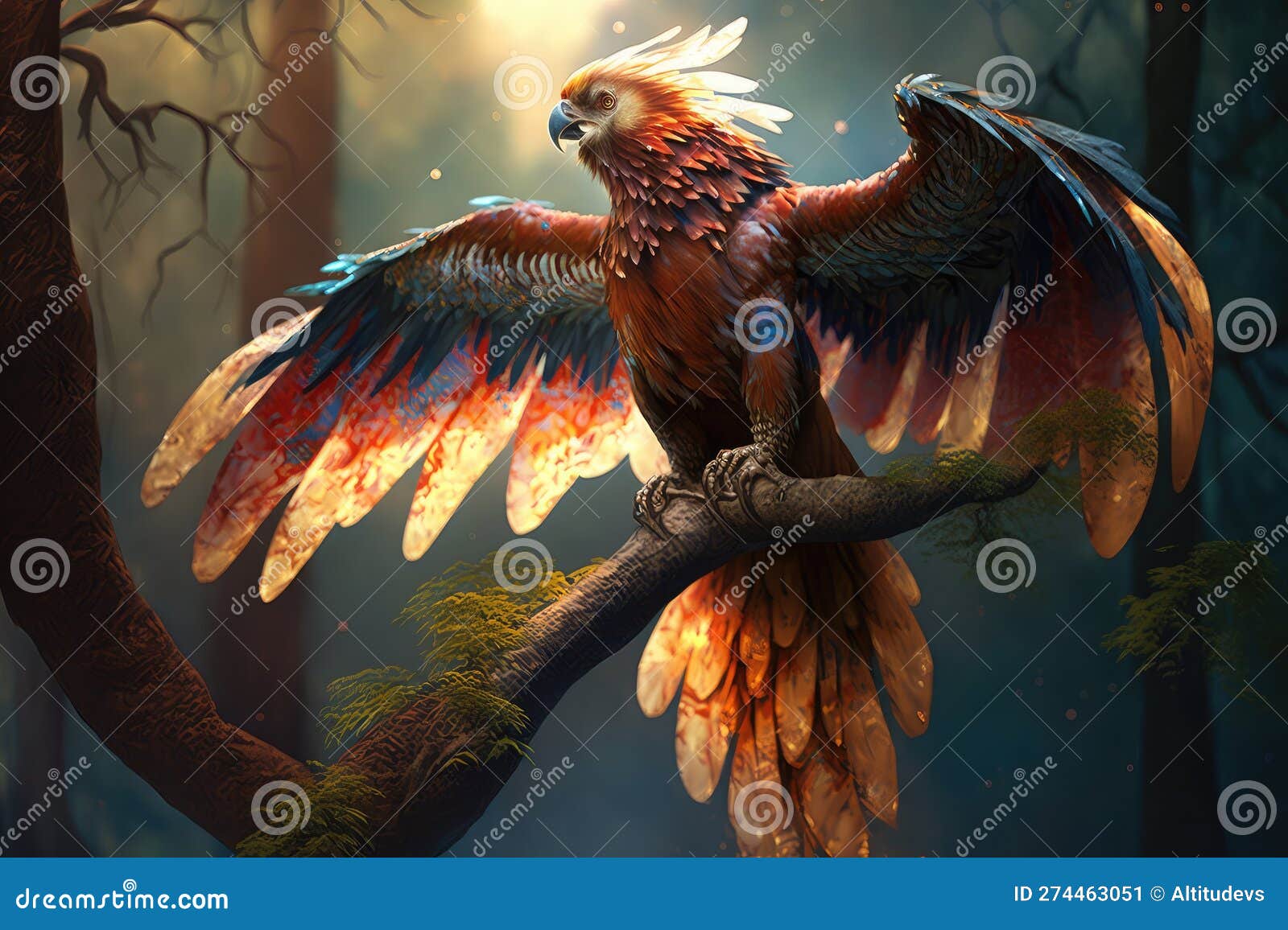 Firebird Perched on Tree Branch, Spreading Its Wings and Feathers Stock ...