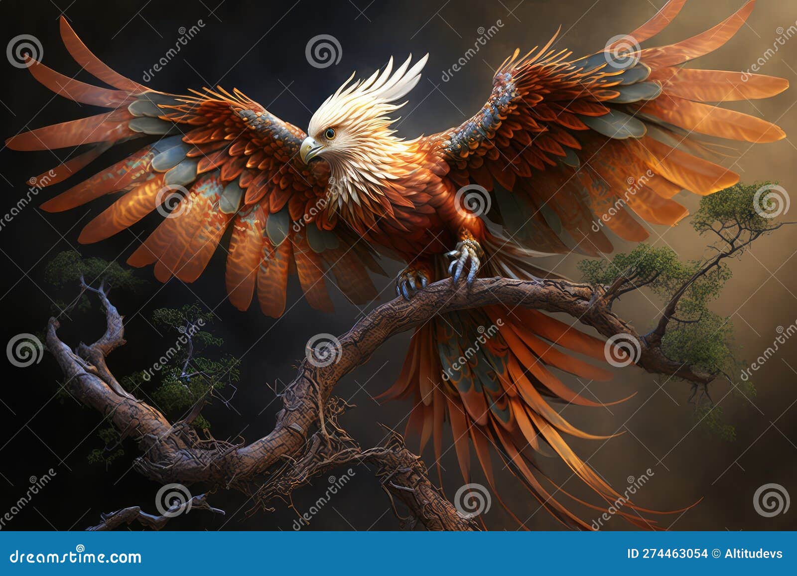 Firebird Perched on Tree Branch, Spreading Its Wings and Feathers Stock ...