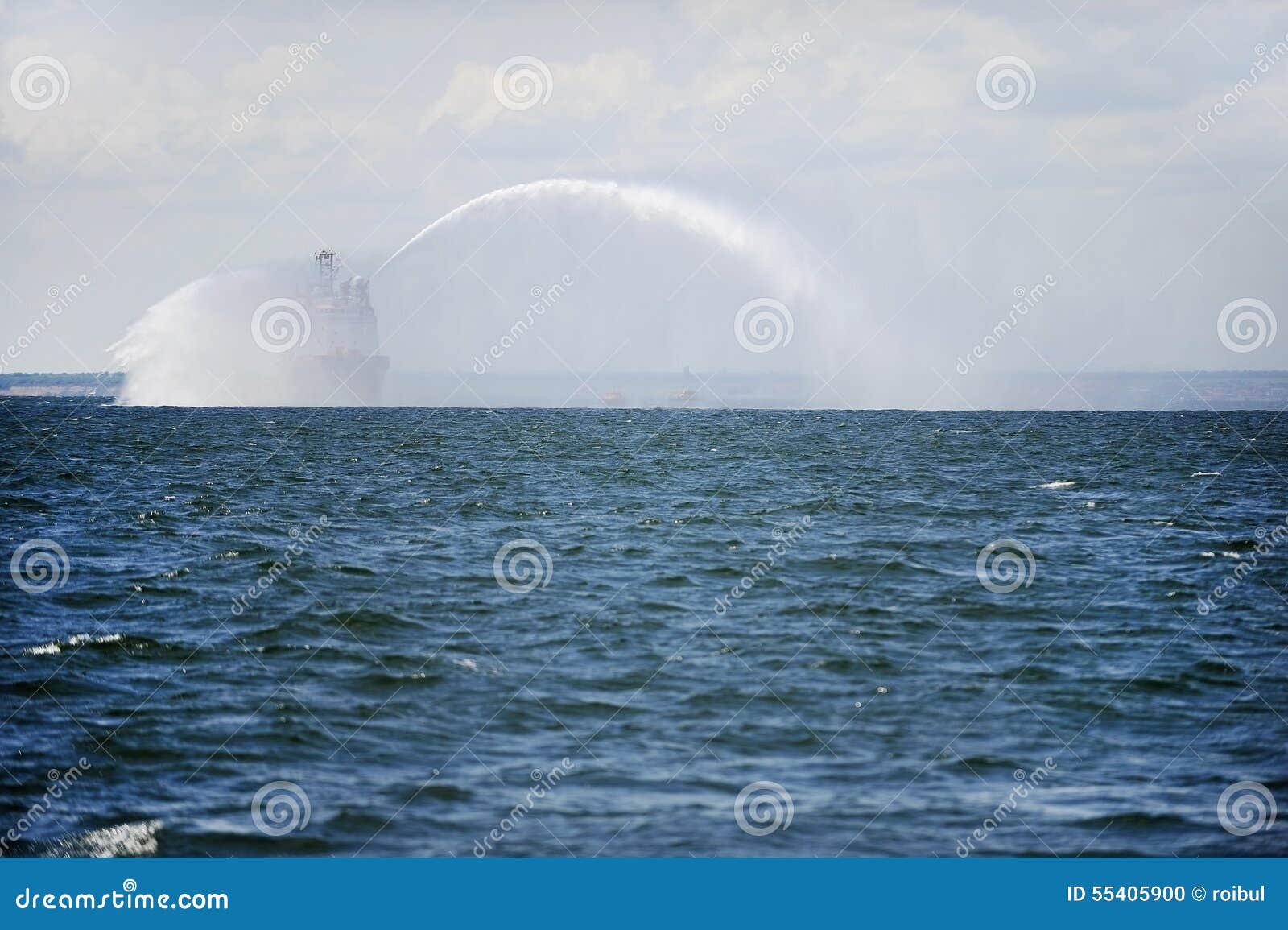 Fireboat Or Firefighter Ship Equipped With Multiple Water Cannons And ...