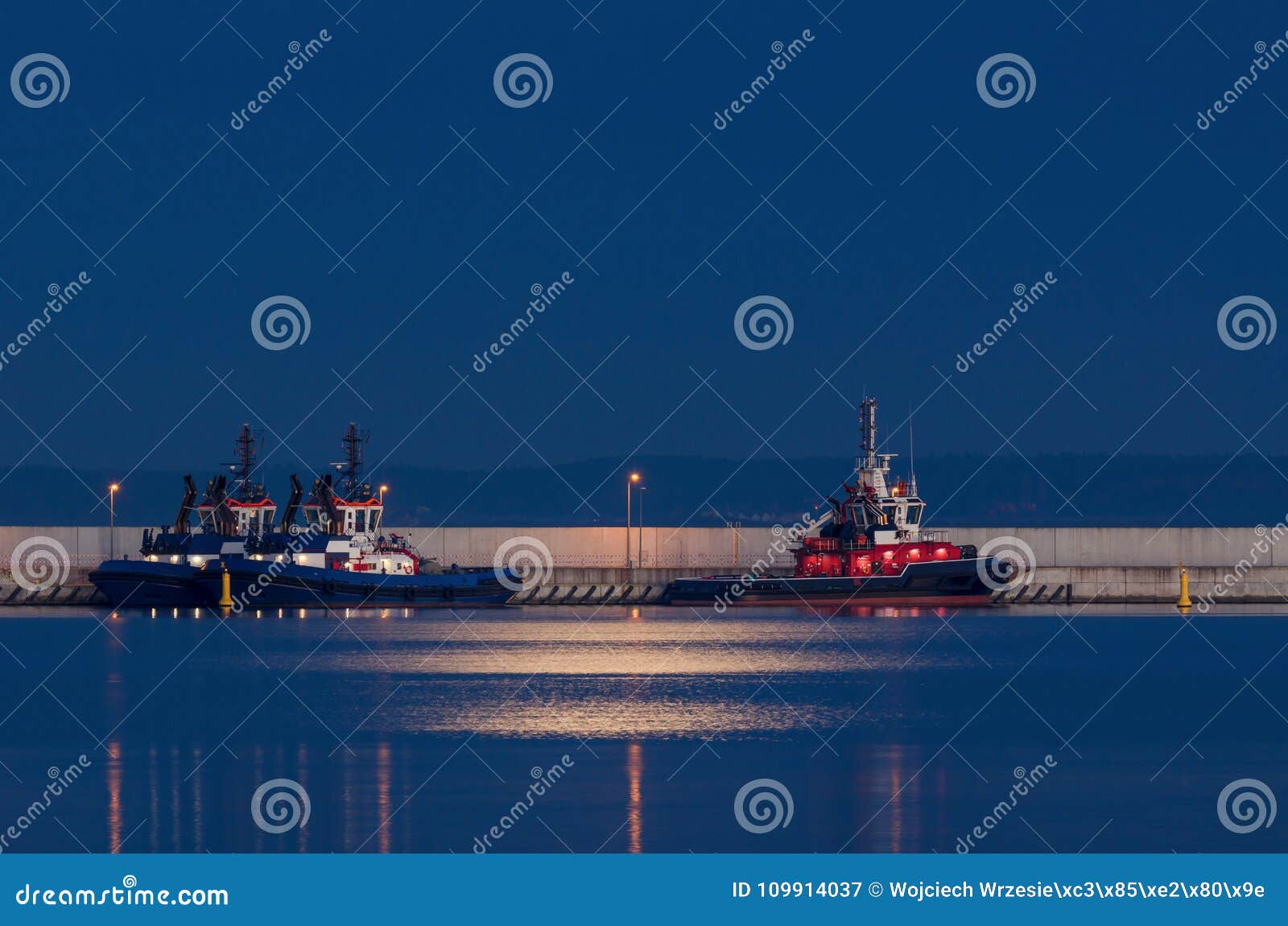 FIREBOAT and TUGS stock image. Image of quay, moonlit - 109914037