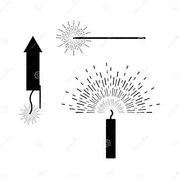 Firecrackers and Firework Rocket Silhouette. Black and White Icon ...