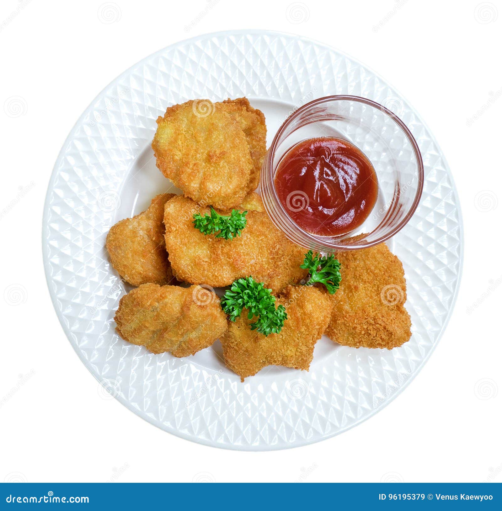 Fired Chicken Nuggets with Sauce in Ceramic Plate Top View Isolated on ...