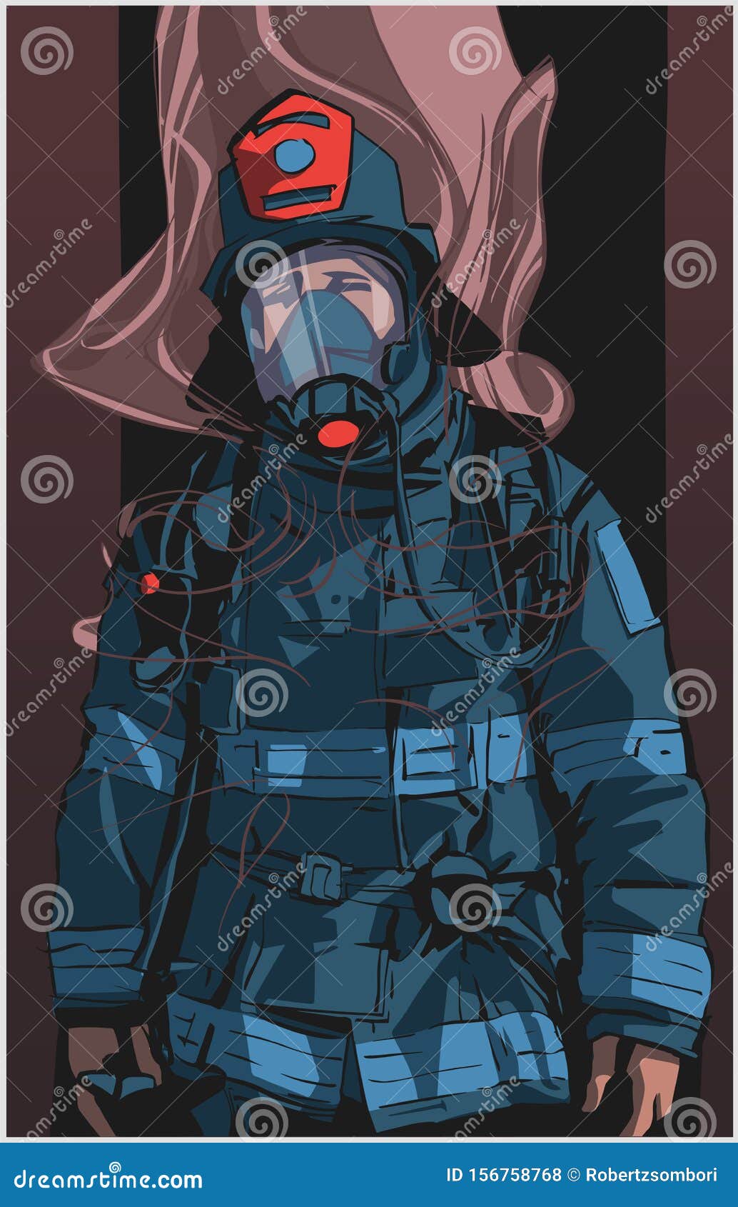 Stylized Illustration Print Design of Fire Fighter in Protective Gear ...