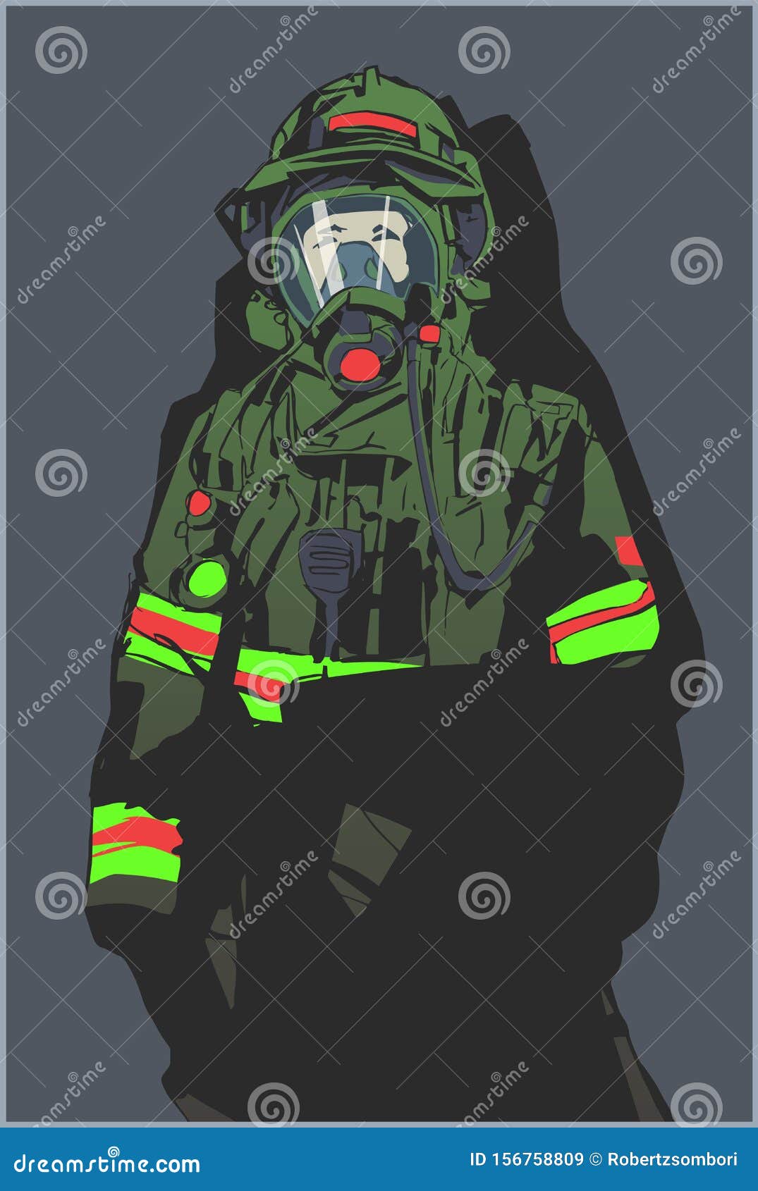 Stylized Illustration Print Design of Fire Fighter in Protective Gear ...