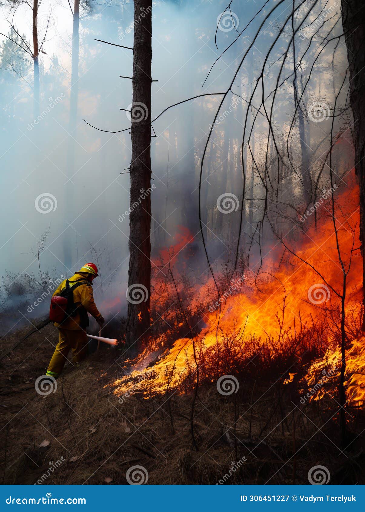 Firefighter In Action Extinguishing House Fire From Behind With ...