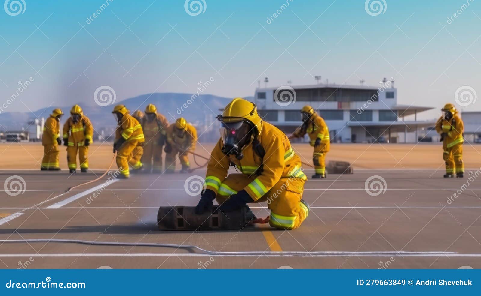 Firefighter in Action with Fire Fighting Equipment during Training at ...