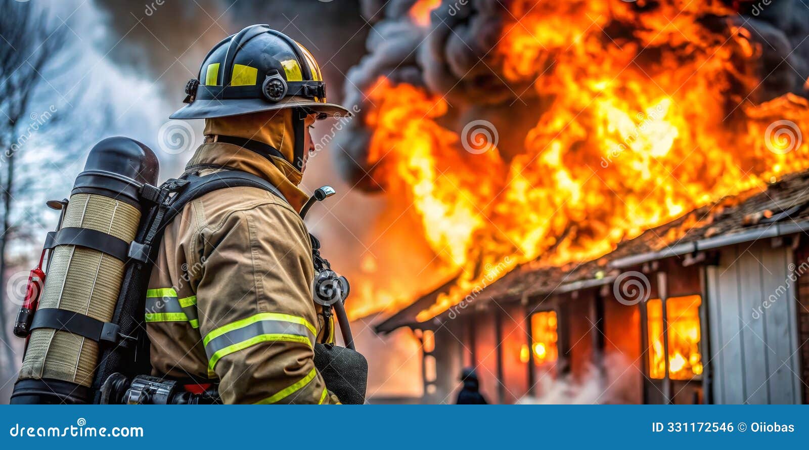 Firefighter In Action, Flames And Smoke Fill The Background, Explosion ...