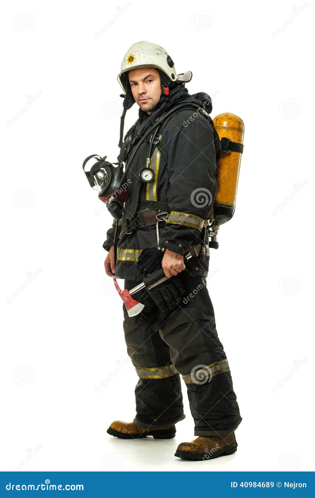 Firefighter With Oxygen Cylinder Climbing A Wooden Ladder Royalty-Free ...