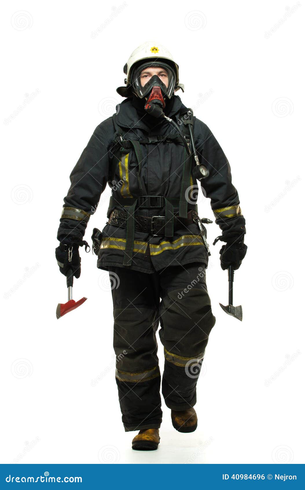 Firefighter with Axe and Oxygen Mask Stock Photo - Image of burn ...