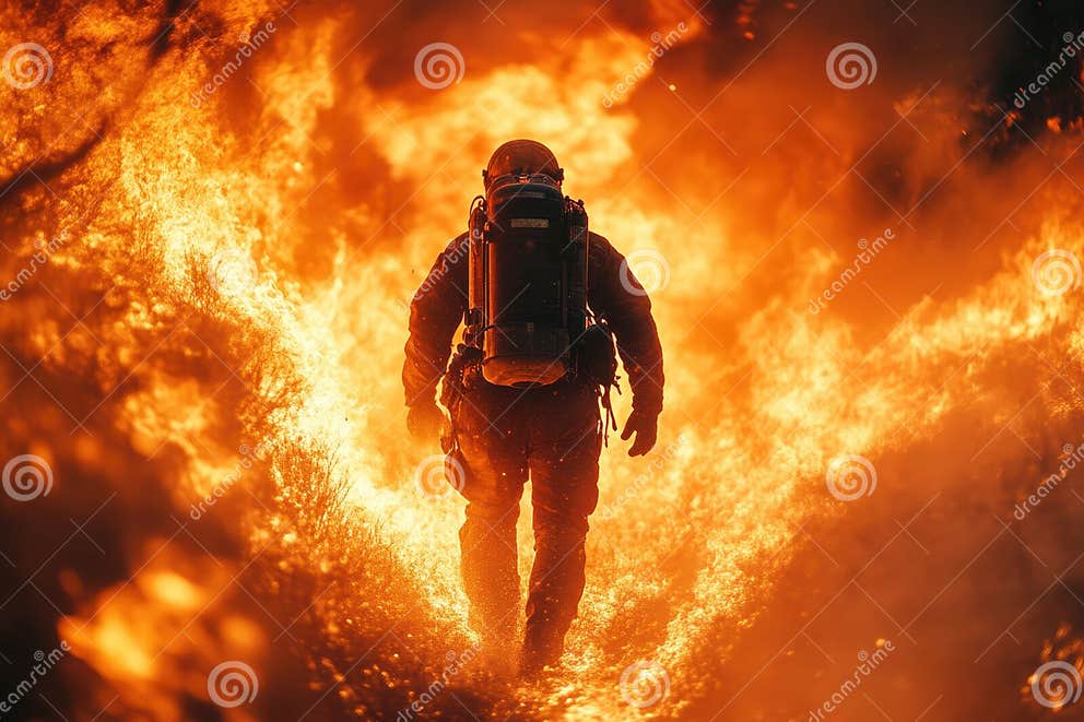 Firefighter Battles Flames in a Dramatic, Hyperrealistic Setting during ...