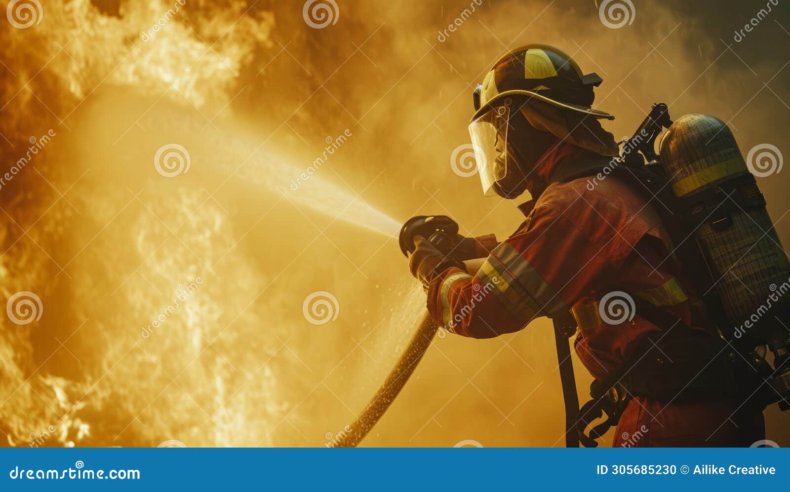 Firefighter Battling A Massive Fire, Firefighter In Full Gear Getting ...