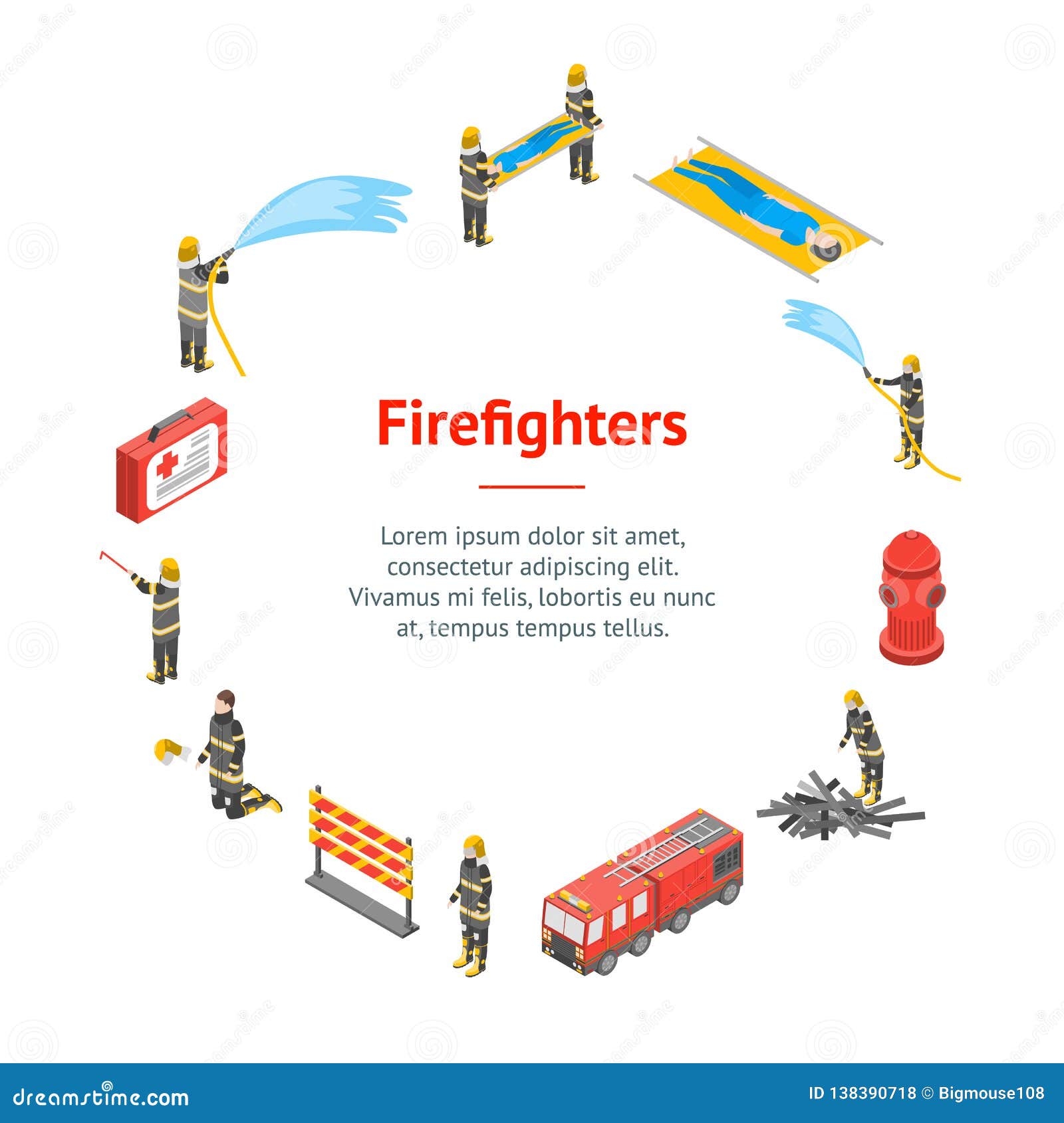 Firefighter and Building on Fire Concept Banner Card Circle 3d ...