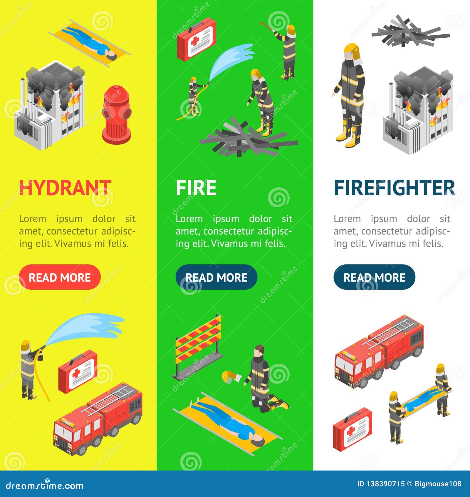 Firefighter and Building on Fire Concept Banner Vecrtical Set 3d ...