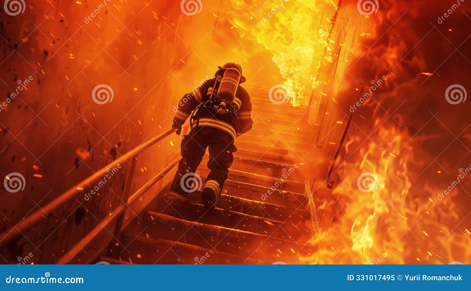 Firefighter in Burning Building Climbing Stairs in Dramatic Scene with ...