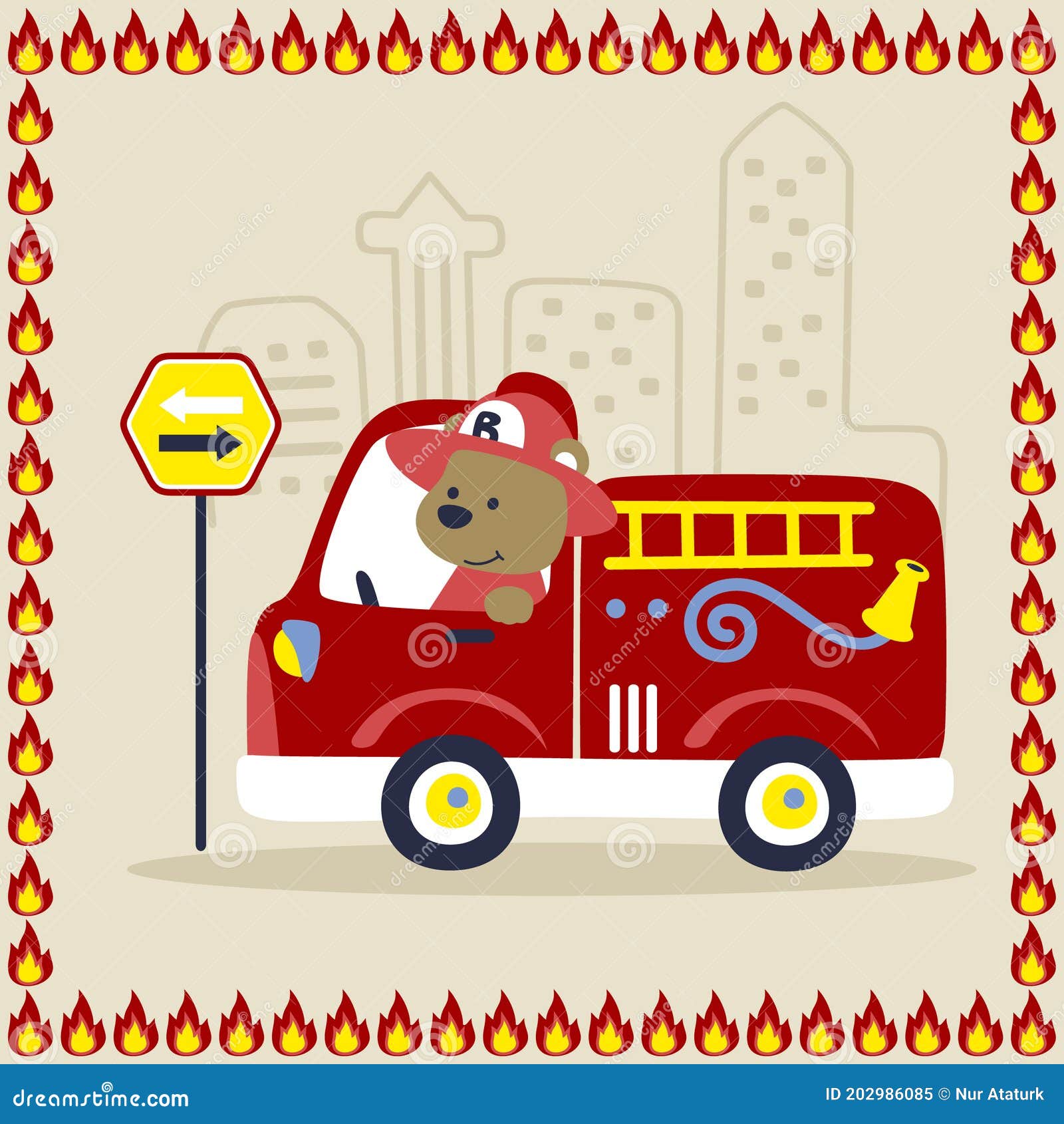 Animal Fireman Cartoon on Fire Truck Stock Vector - Illustration of ...
