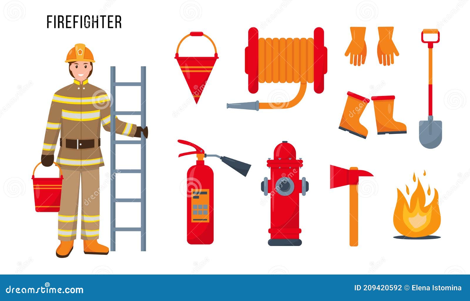 Firefighter Character and Tools for His Work. Stock Vector ...