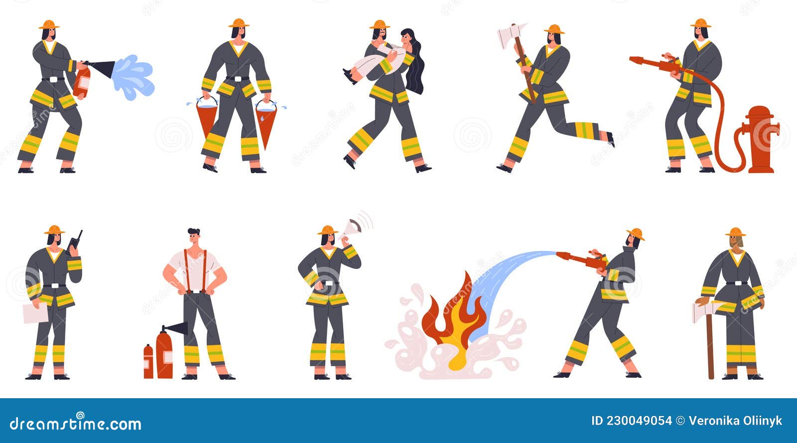 Firefighter Characters Emergency Service Watering Fire and Save People ...