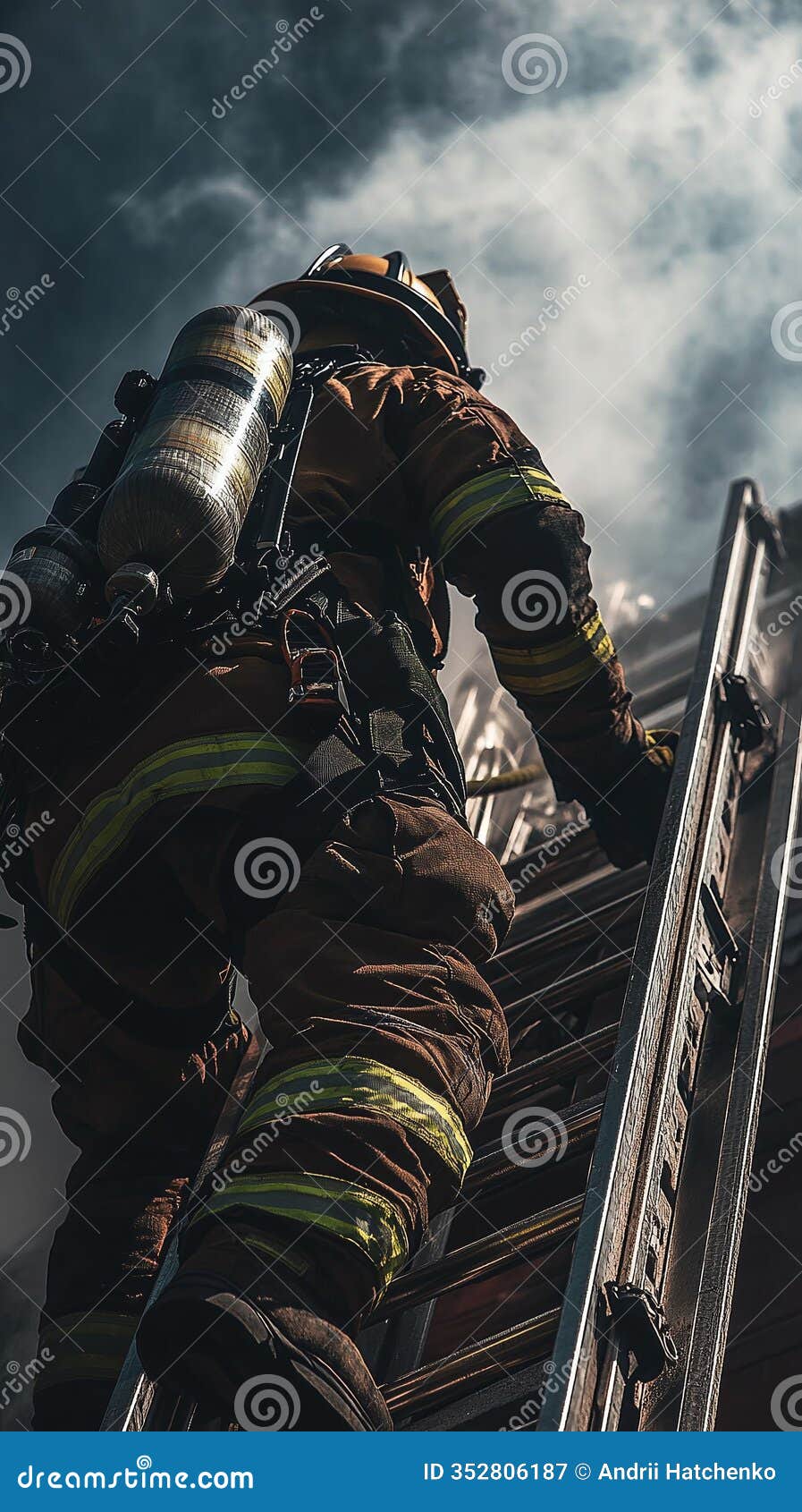 Firefighter Climbing a Ladder during a Rescue Simulation Stock ...