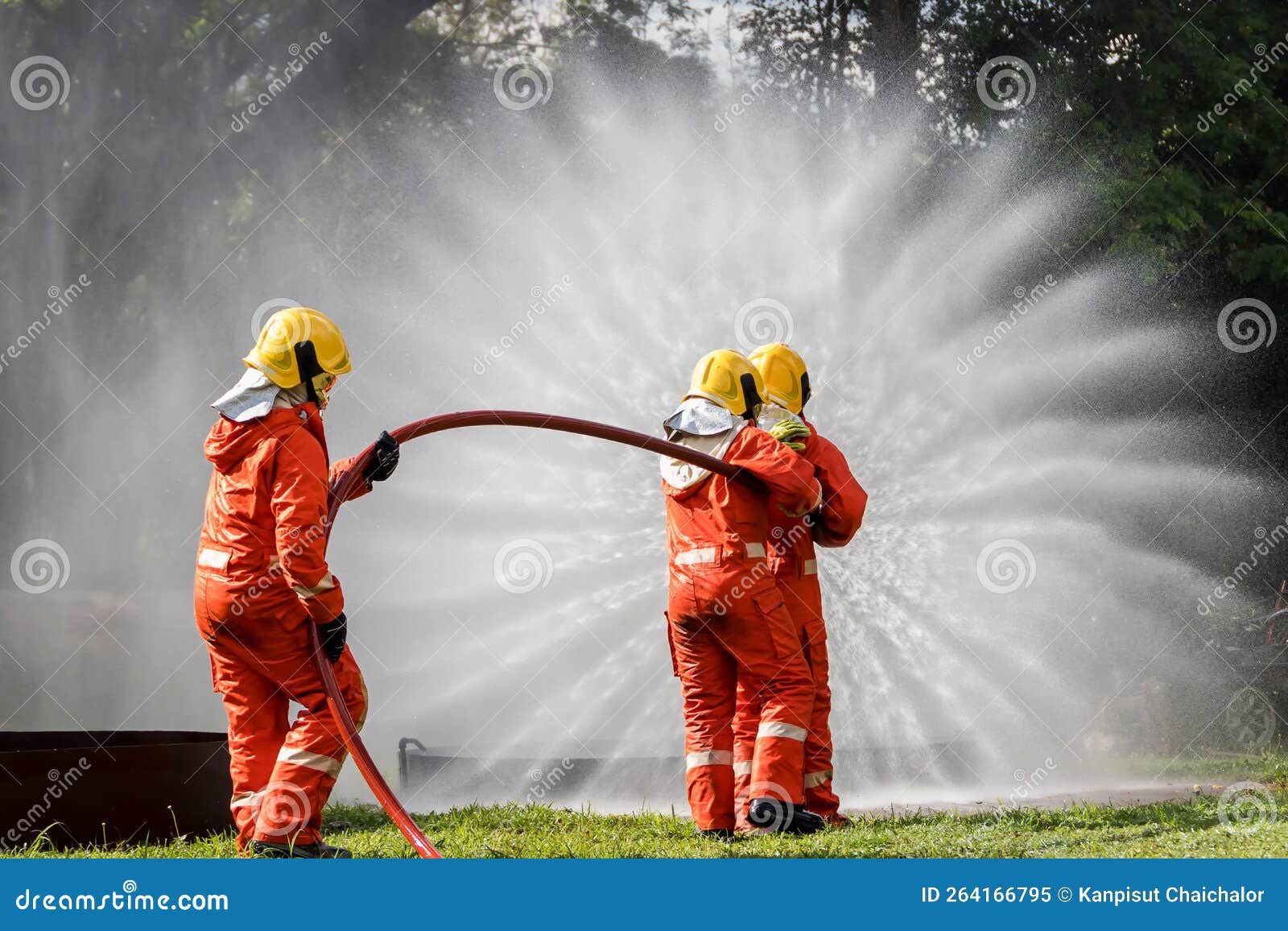 Firefighter Concept. Fireman Using Water And Extinguisher To Fighting ...