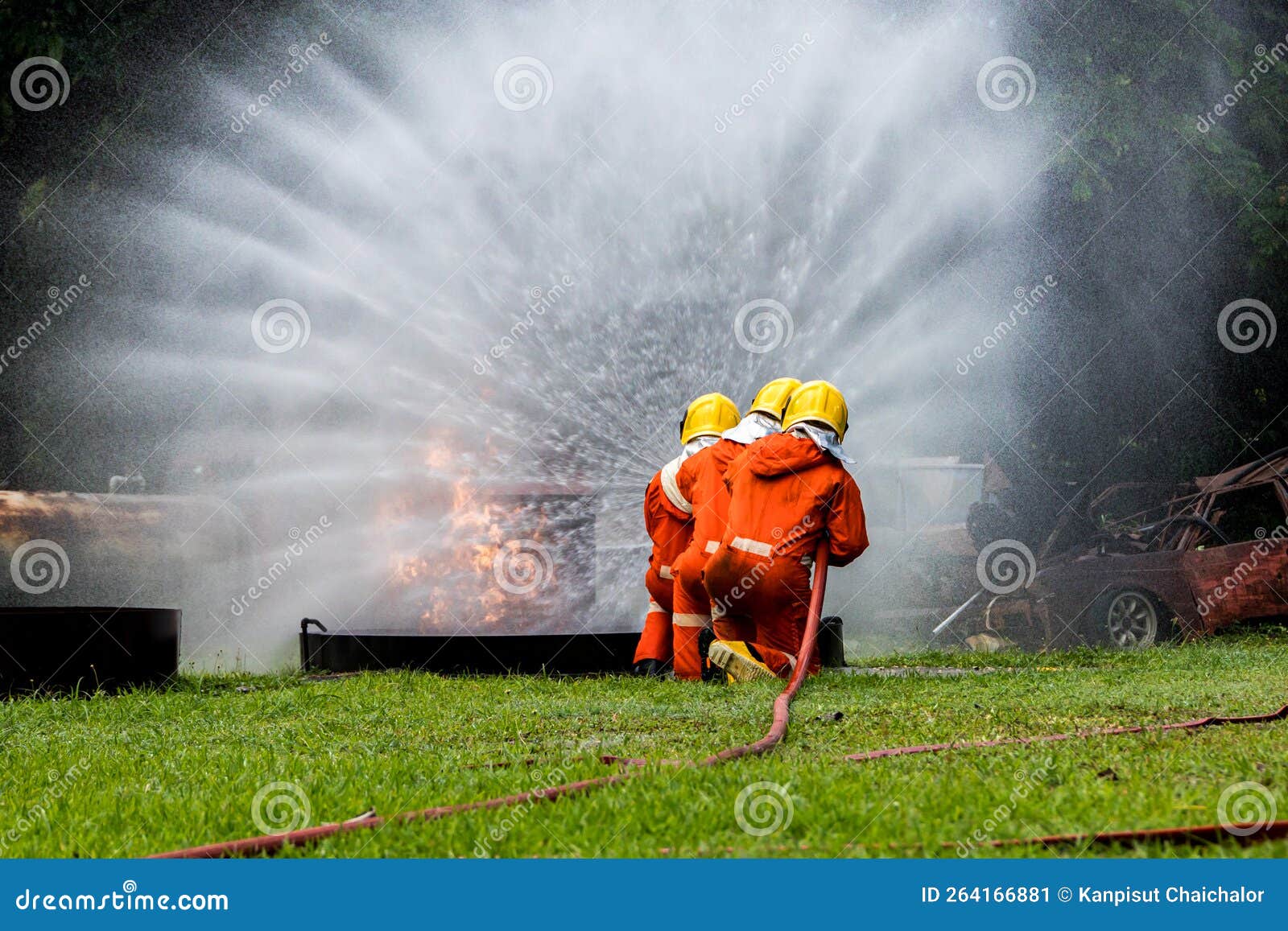 Firefighter Concept. Fireman Using Water And Extinguisher To Fighting ...