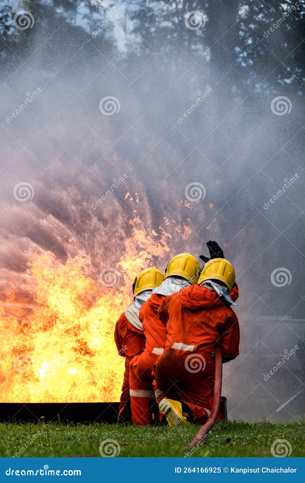 Firefighter Concept. Fireman Using Water and Extinguisher To Fighting ...