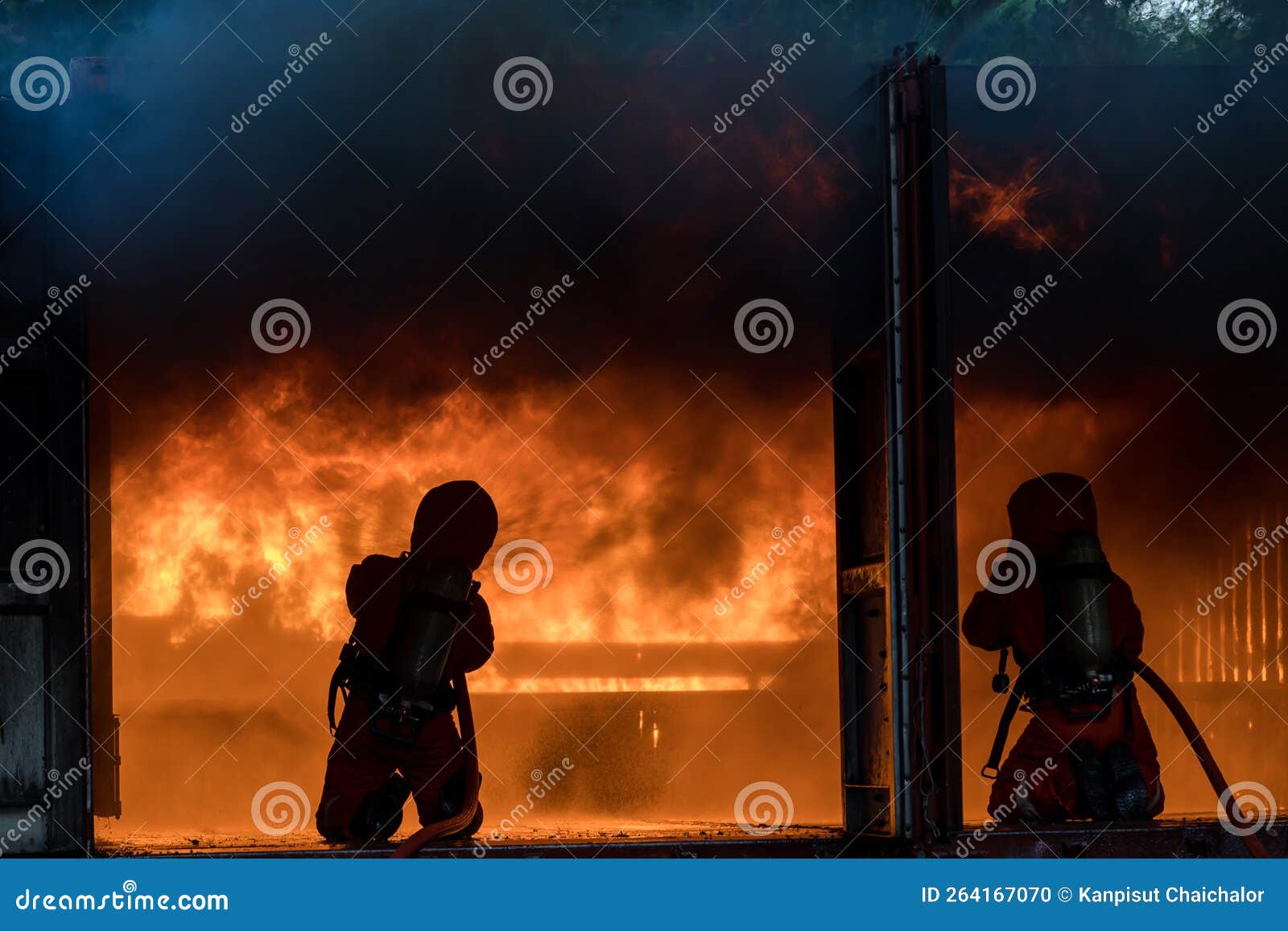 Firefighter Concept. Fireman Using Water And Extinguisher To Fighting ...