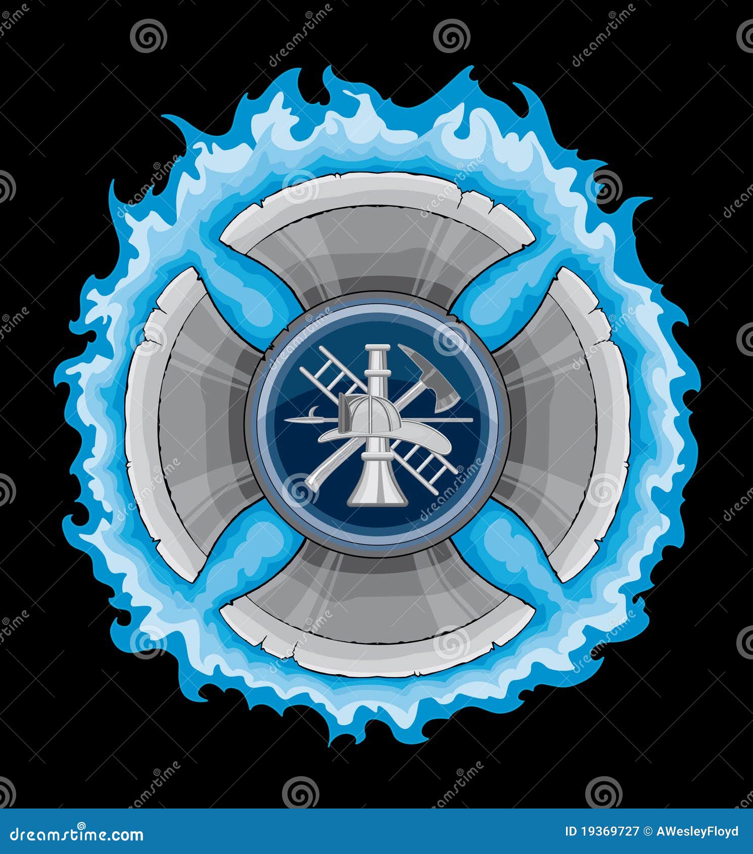 Firefighter Cross with Blue Flames Stock Illustration - Illustration of ...