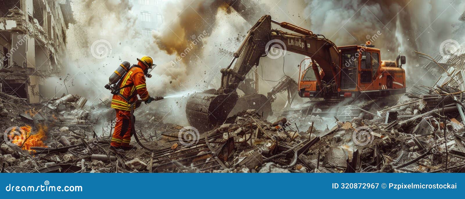 Firefighter Cutting through Debris with Heavy Machinery after a ...