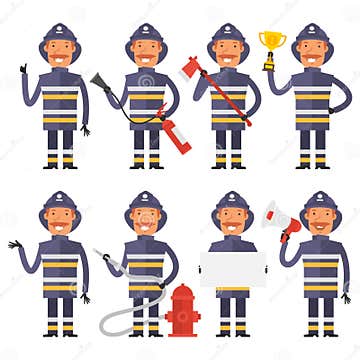 Firefighter in Different Poses Stock Vector - Illustration of graphic ...