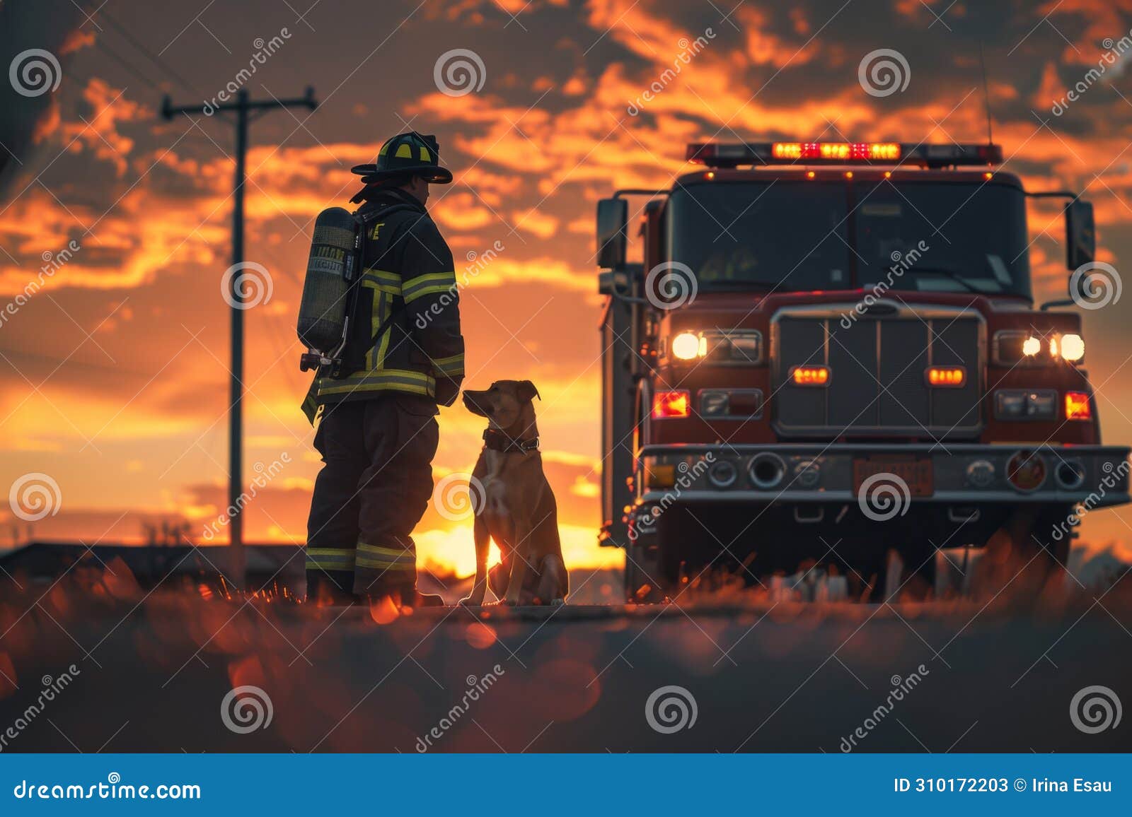 Firefighter with Dog by Fire Truck at Sunset Stock Image - Image of ...
