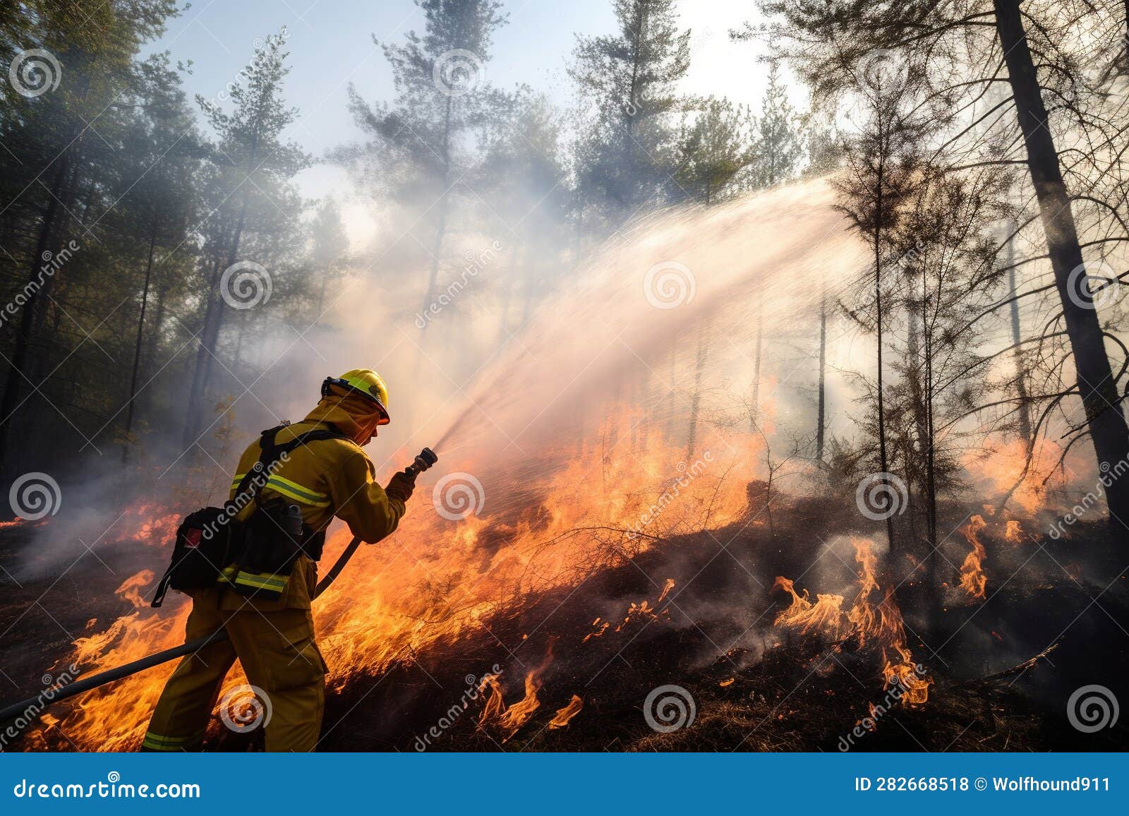 Firefighter Dropping Water in a Forest Fire during Day. Generative AI ...