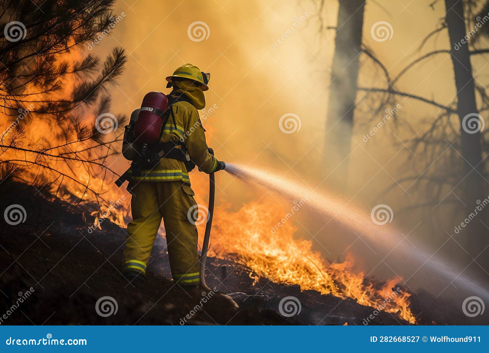 Firefighter Dropping Water in a Forest Fire during Day. Generative AI ...