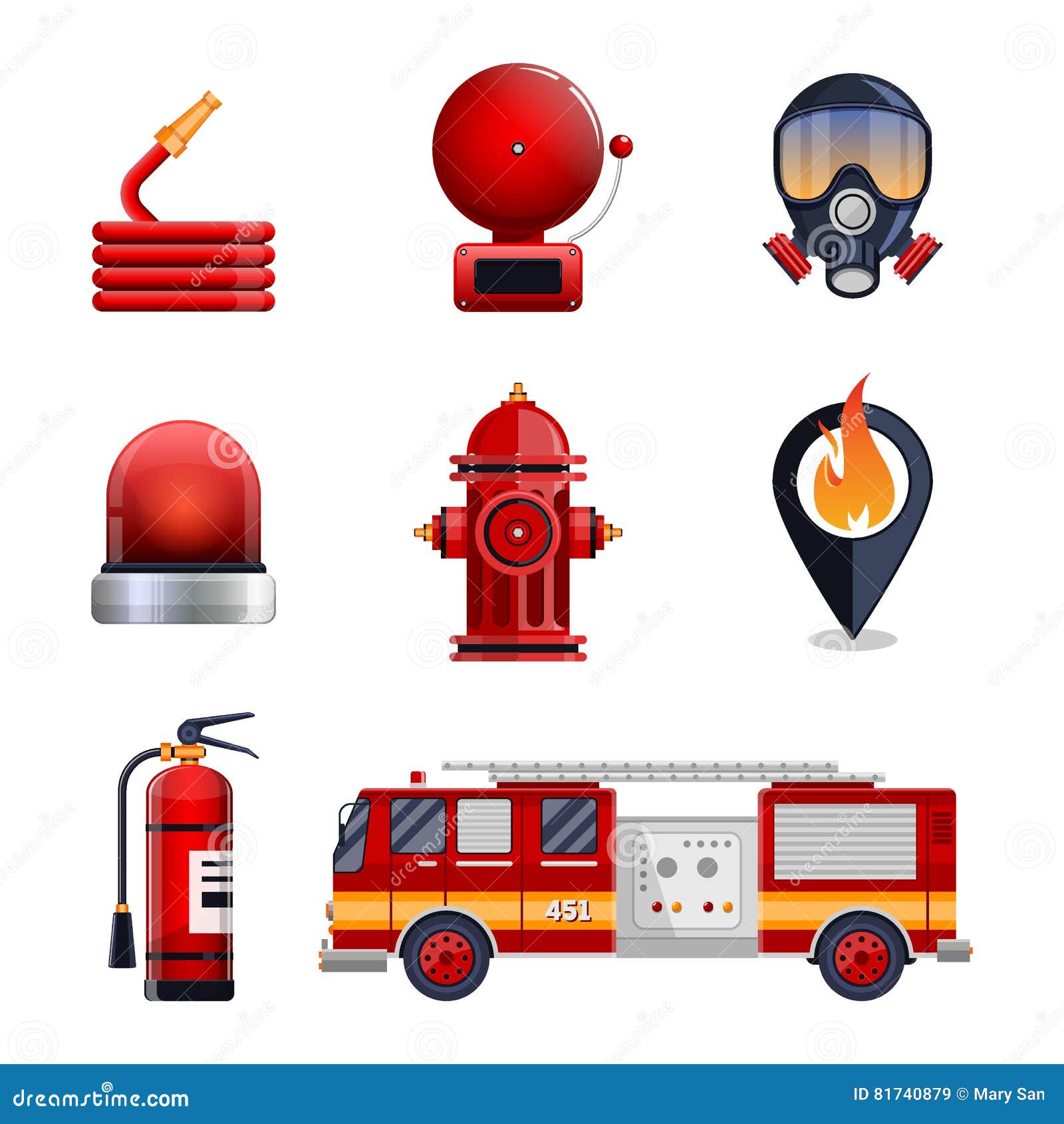 Set Of Firefighter Elements Axe, Car, Ribbon, Firefighter, Emblem, Fire ...