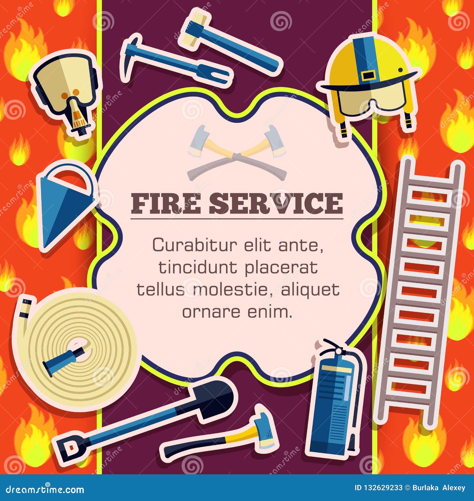 Firefighter Equipment Elements on Red Fire Background Poster in Sticker ...