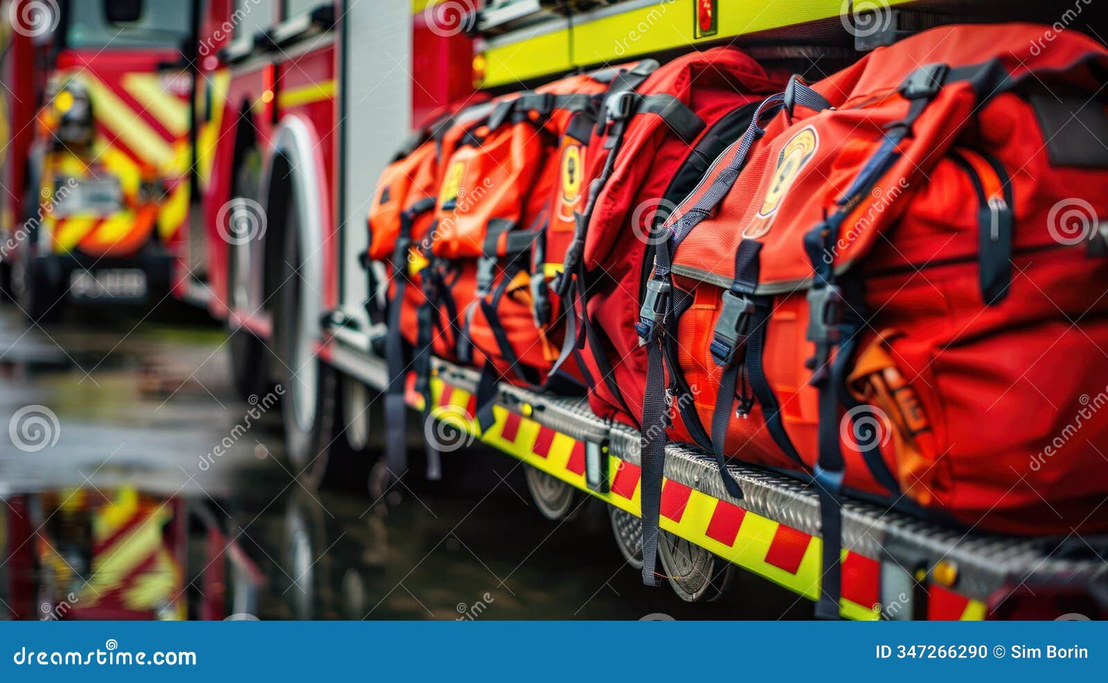Firefighter Equipment Lined Up on the Bumper of the Fire Engine Stock ...