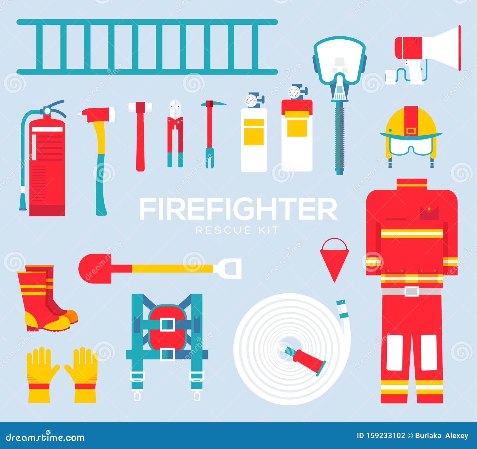 Firefighter Equipment and Tools Flat Icons. Stock Vector - Illustration ...