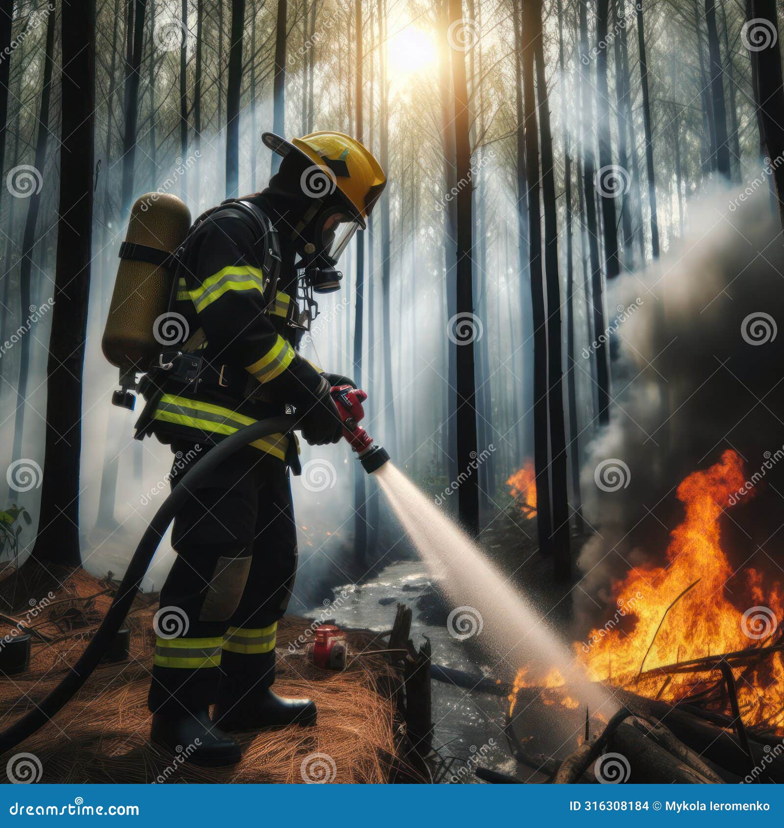 A Firefighter Extinguishes a Fire in the Forest. Stock Photo - Image of ...
